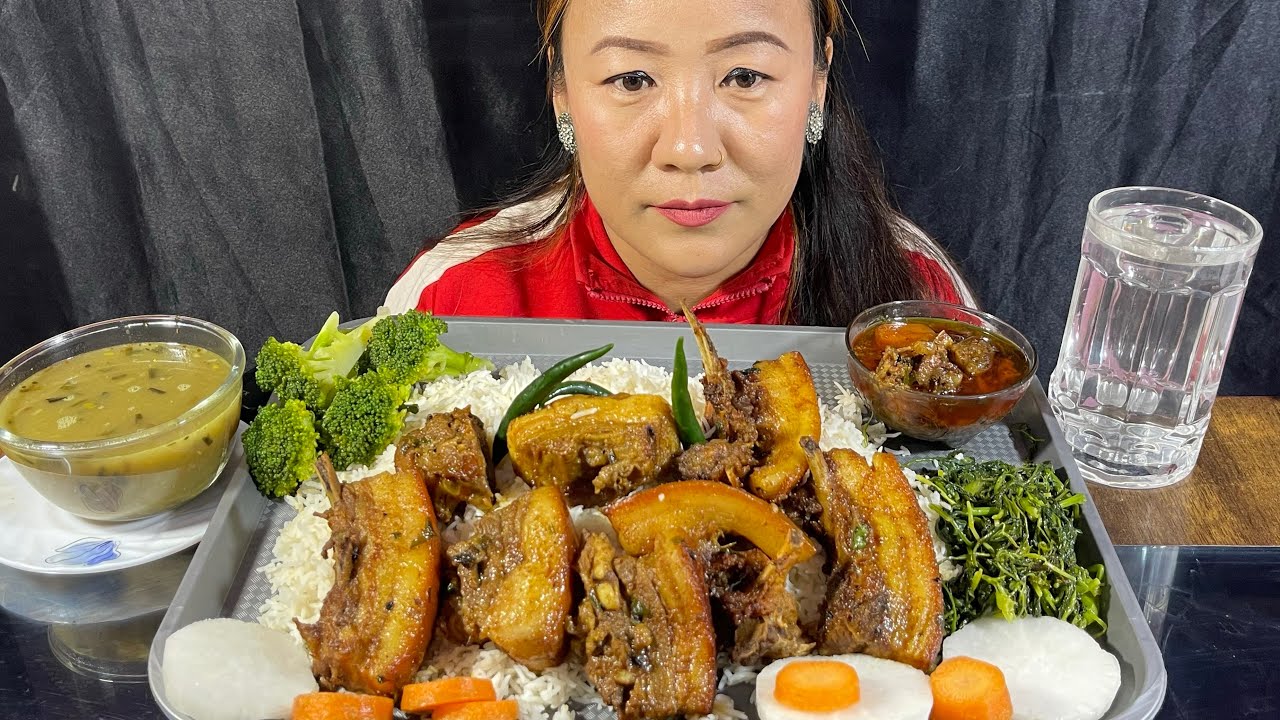 Big Braised Fatty Pork Belly With Boiled Broccoli,Saag & Rice Mukbang ...