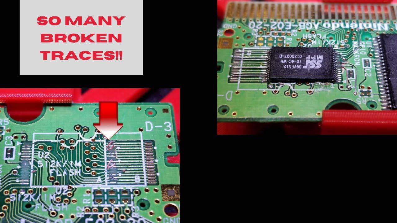 Fixing a badly damaged Gameboy Advance game! A lot of broken traces ...