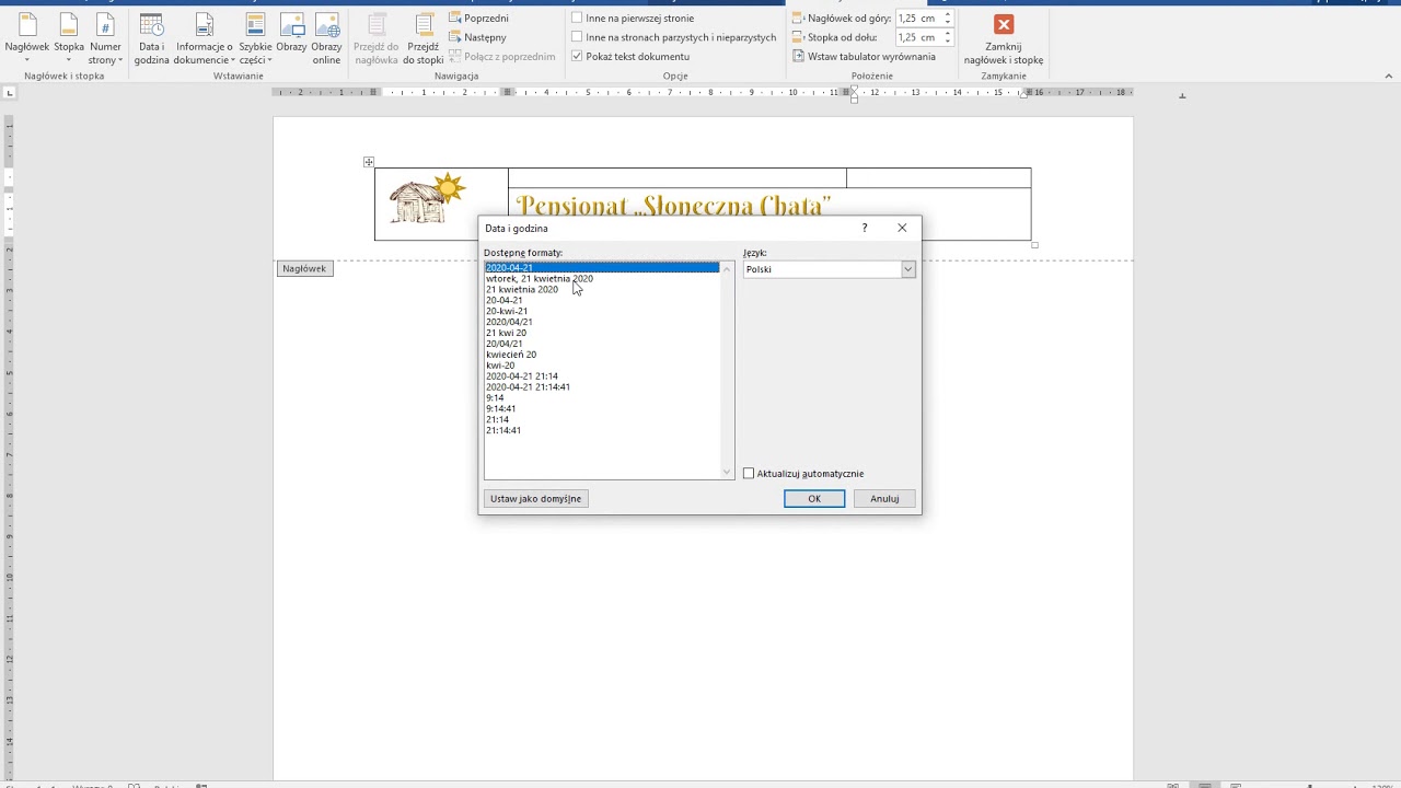 MS Word - Nagłówek i stopka dokumentu - YouTube