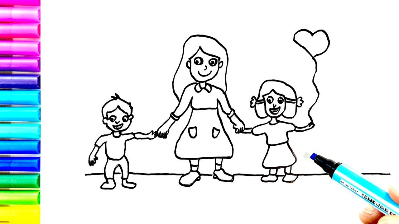 "Easy Drawings for Kids: Let's Draw a Mom with Two Children and Their ...