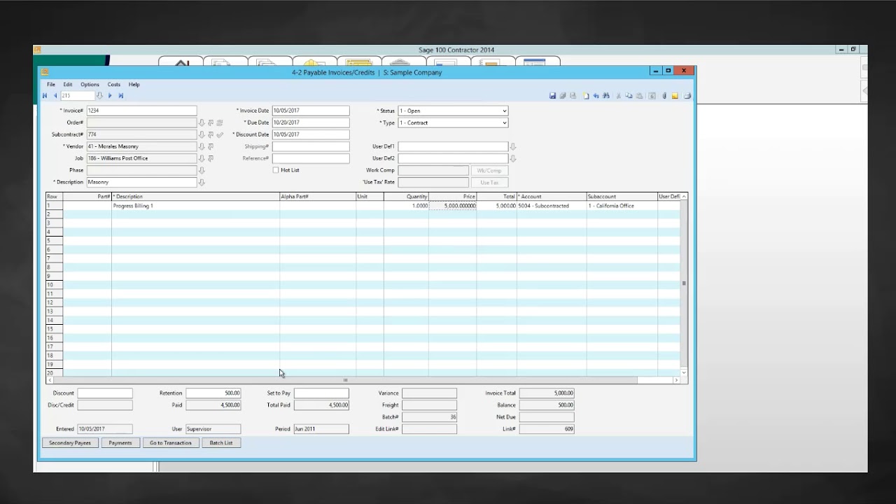 Sage 100 Contractor Retention in Accounts Payable - YouTube