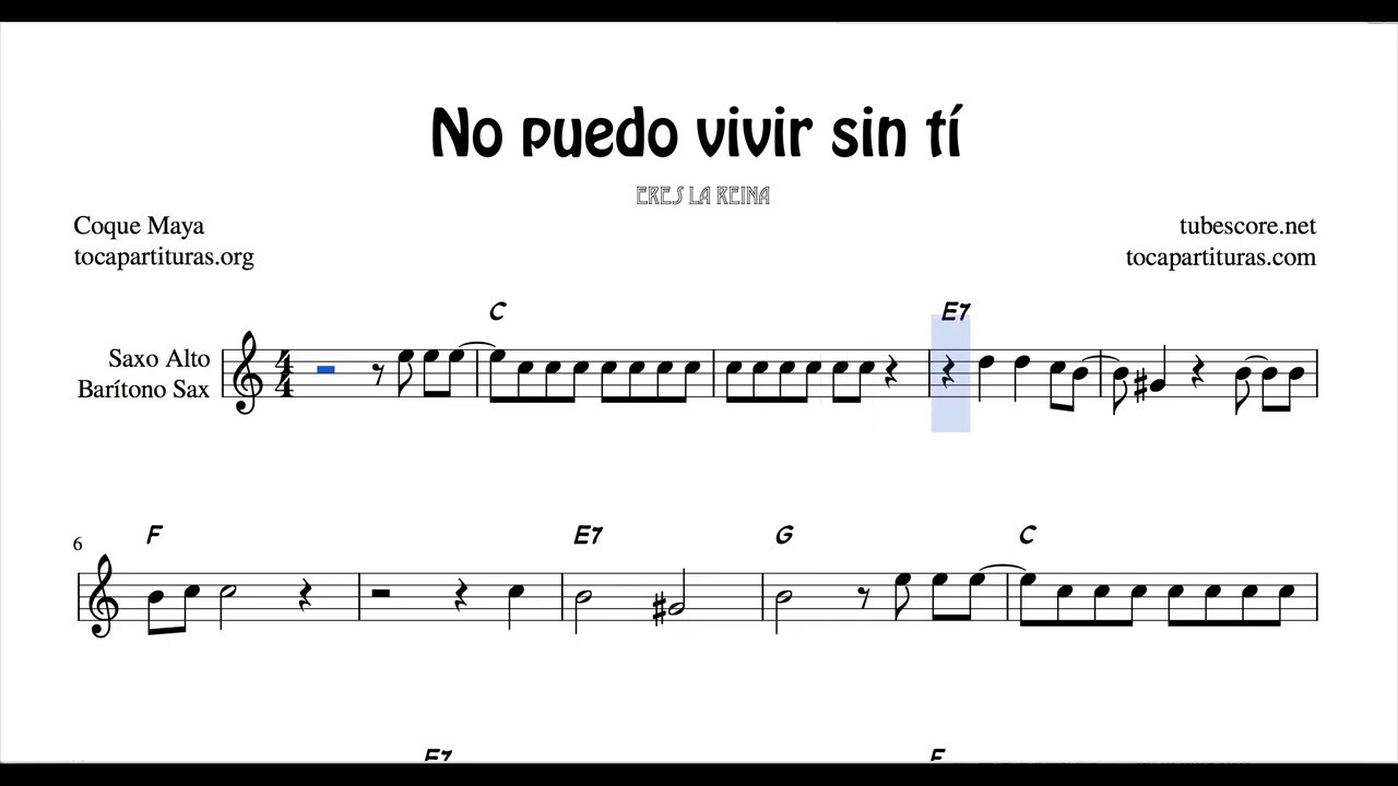 No puedo vivir sin ti Partitura de Saxofón Alto Barítono MI bemol ...