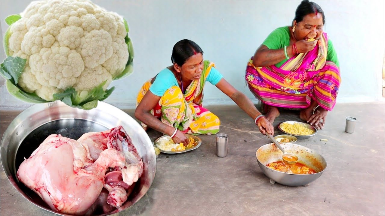 santali tribe traditional cooking&eating chicken curry with cauliflower ...