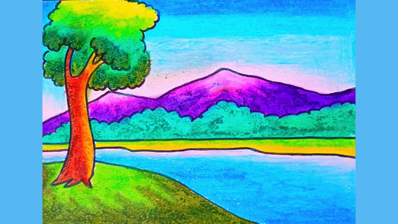 How to draw very easy, beautiful mountain scenery in oil pastels for ...