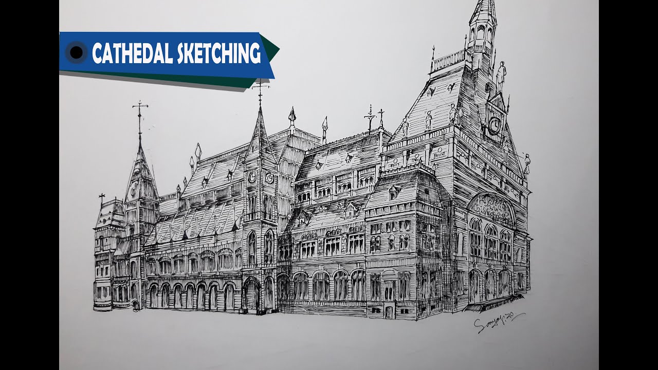 How to draw a church using perspective (pen) | architectural drawings ...