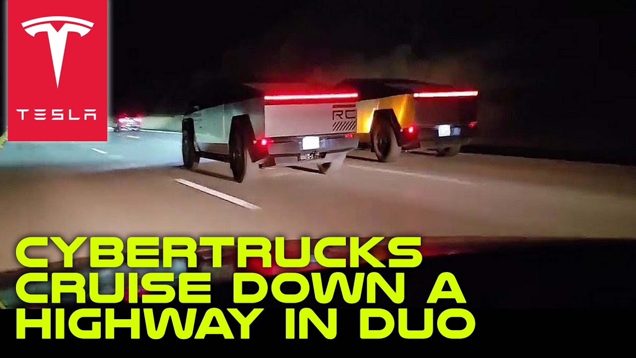 Twin Tesla Cybertrucks cruise down a highway in coordinated duo - YouTube