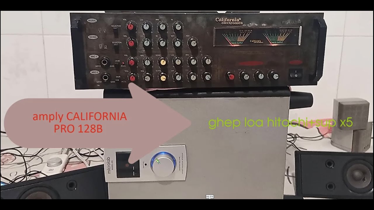 Amply califonia pro 128B ghep microlab x5 voi loa hitachi - YouTube