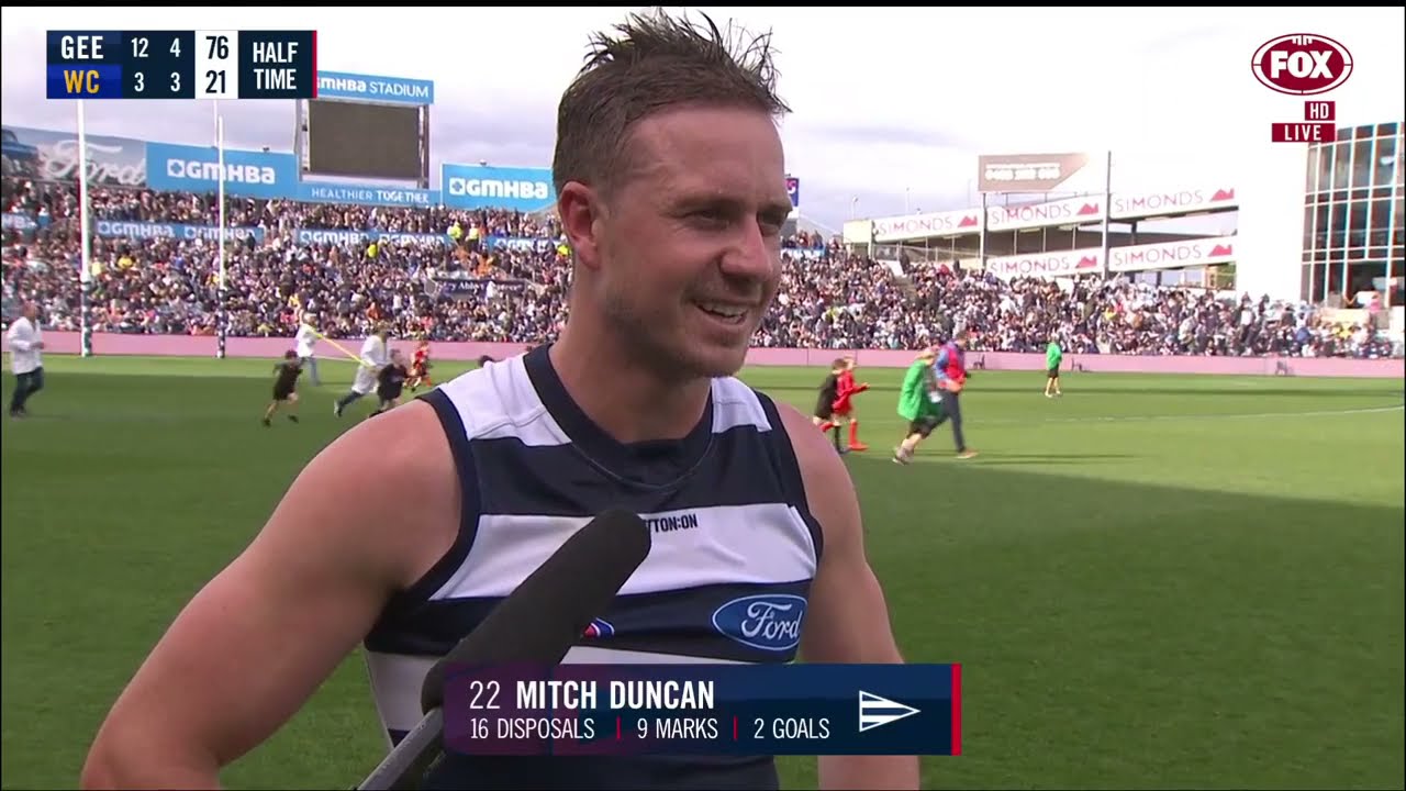 Mitch Duncan unloads a 65m Torp on the Half-Time Siren | Geelong v WCE ...
