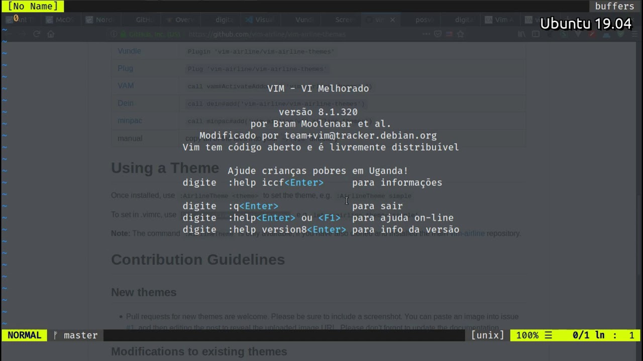 Ubuntu 19.04 - Personalizando - Vídeo 09 - VIM Parte 3 - PLUGIN VIM AIRLINE com POWERLINE FONTS ...