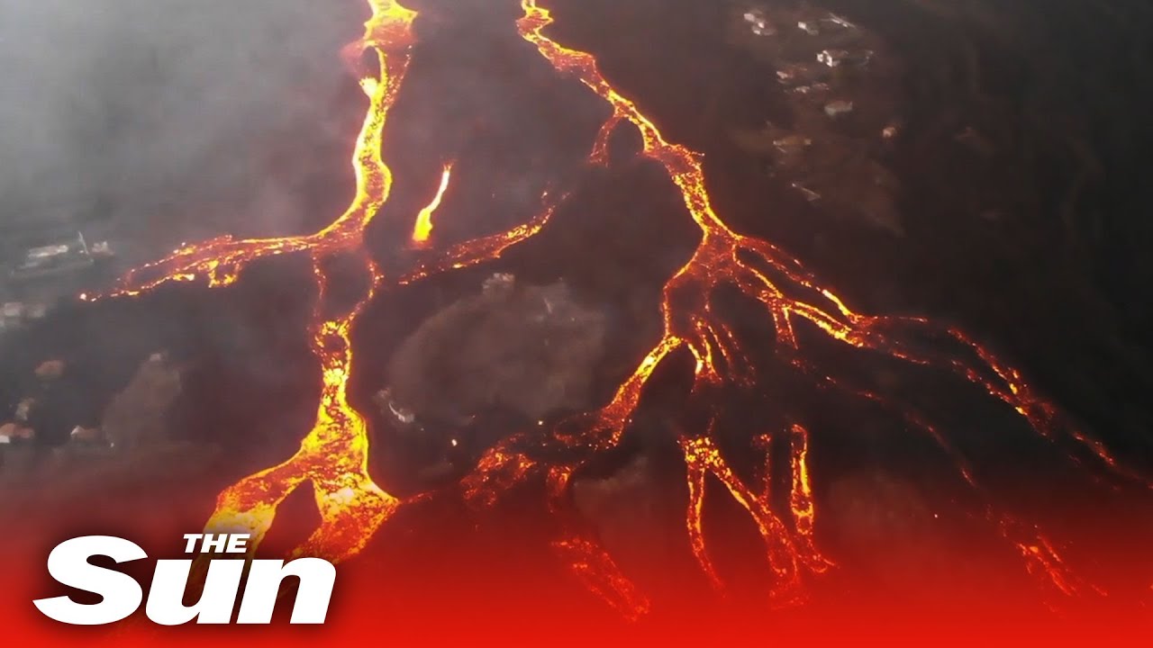 La Palma volcano drone view of extensive lava flow - YouTube