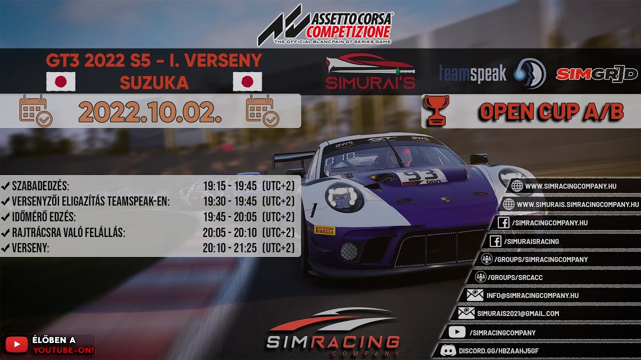 Sim Racing Company - GT3 2022 S5: 1. verseny | Suzuka | Open Cup A ...