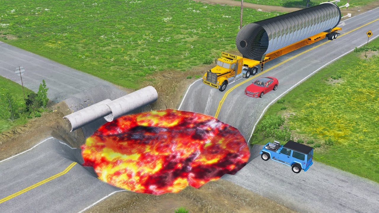 Cars vs Giant Crater A50 - Crazy Jumping Super Trucks over Lava ...