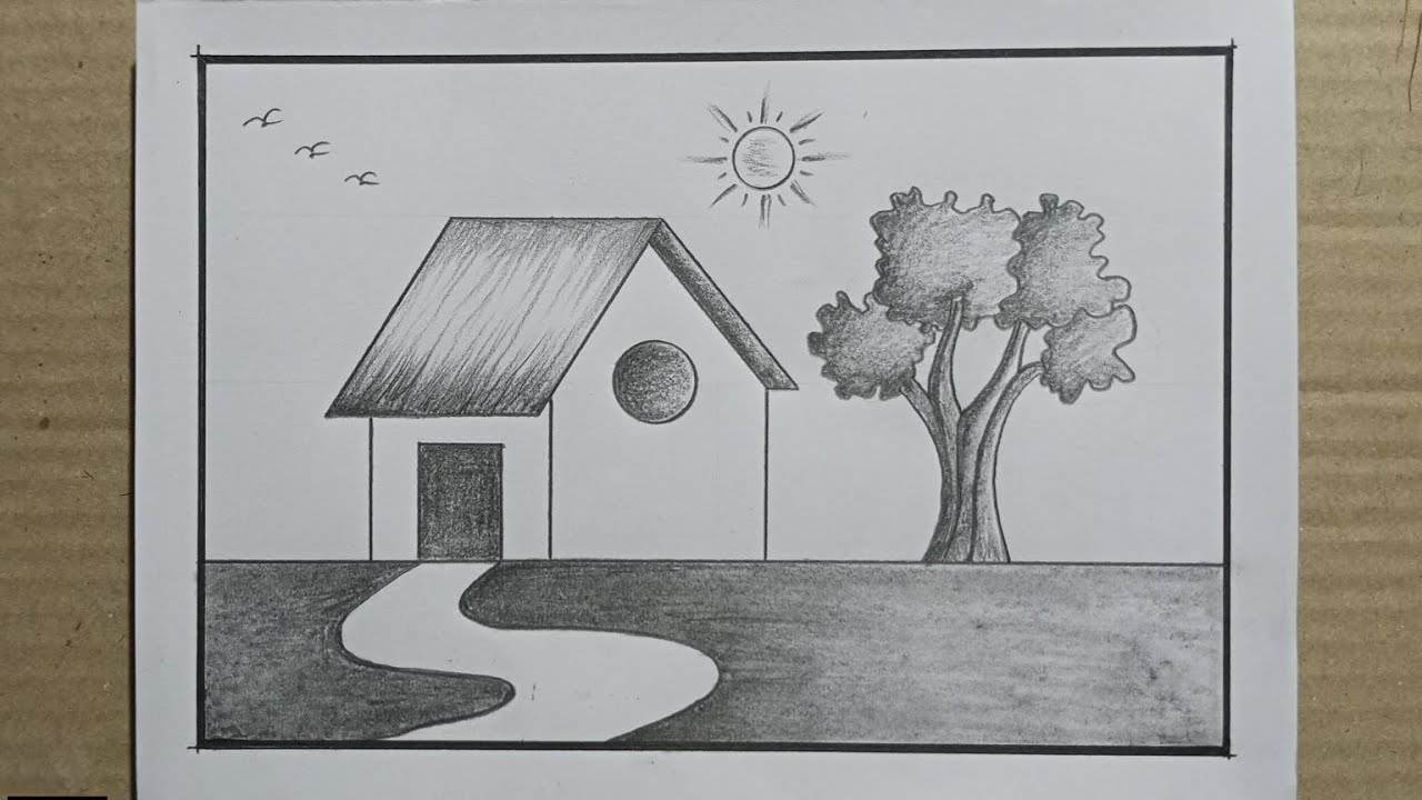 House 🏠 scenery drawing / Ghar ka chitra / How to draw a Landscape ...