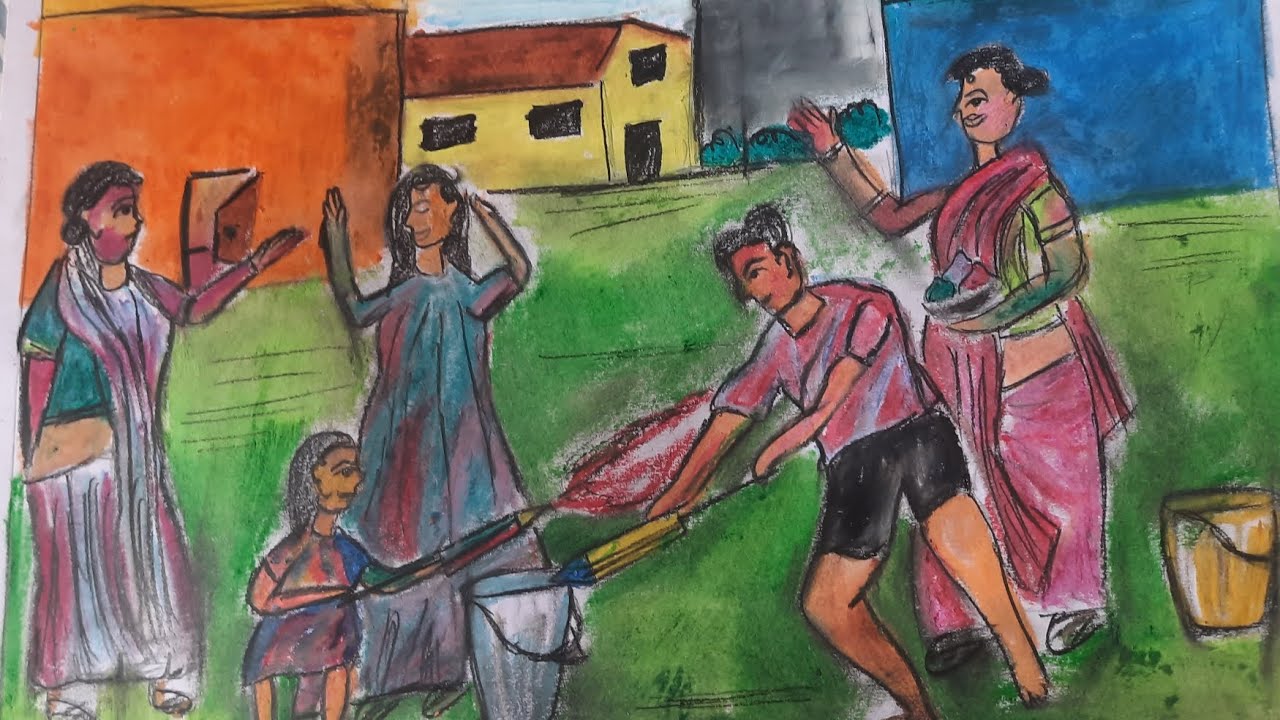 || How to draw a composition on Holi with oil pastels || || Final Part ...