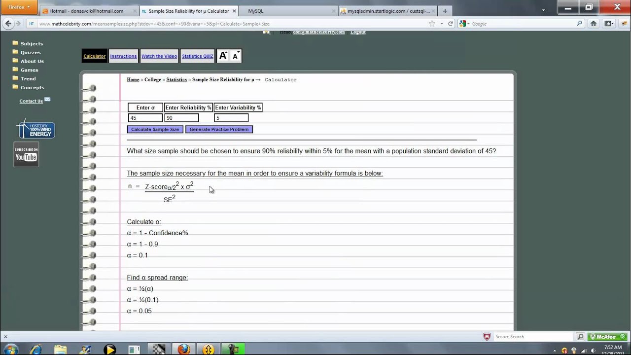 Sample Size Reliability for the Mean Calculator - YouTube