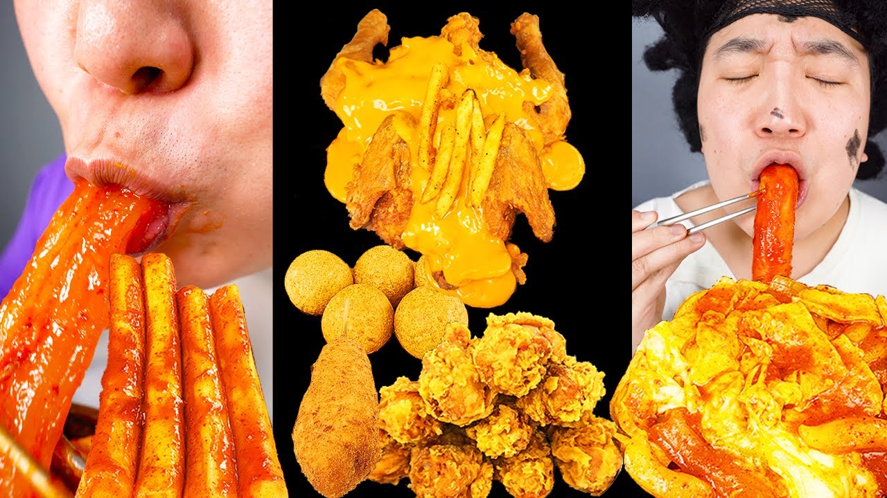 ASMR MUKBANG | Crispy Fried Chicken, fire noodles, Crunchy Corn Dog ...