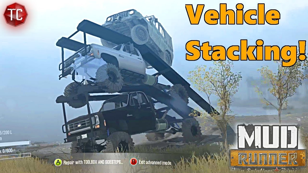 SpinTires MudRunner: VEHICLE STACKING CHALLENGE!? NEW Chevy Ramp Truck ...