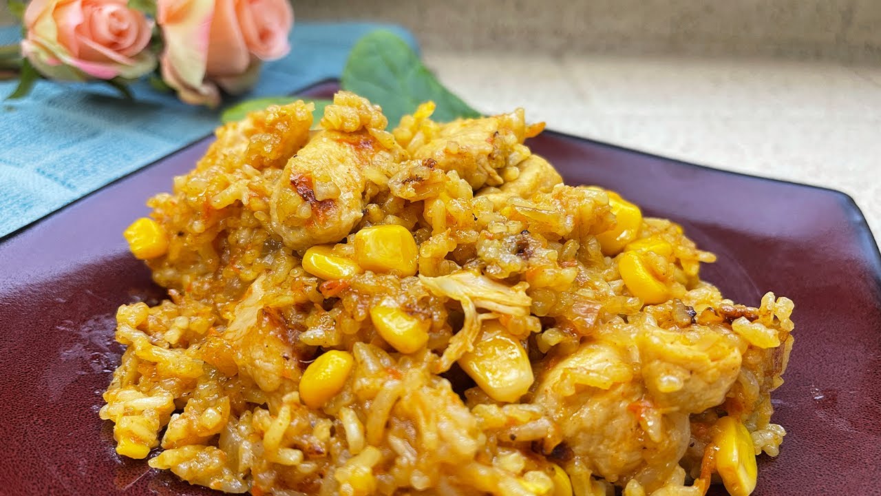 Rice with chicken and corn in a pan. Chicken recipe. - YouTube