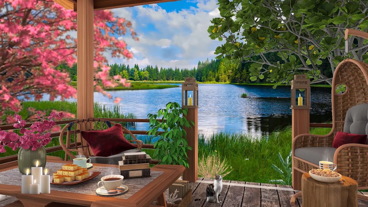 Cozy Porch with Spring Blossoms, Birdsong and Lake Waves Sounds in ...