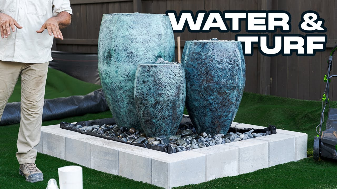 Modern Backyard Water Feature & Artificial Turf Putting Green on a Open ...