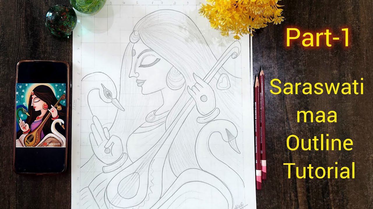 Saraswati Maa Sketch | Easy outline tutorial | How to draw maa ...