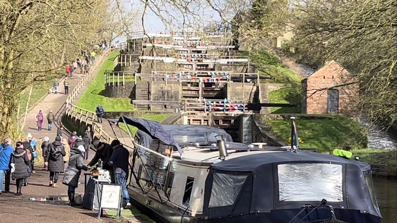 250th anniversary Bingley five rise locks narrowboats - YouTube