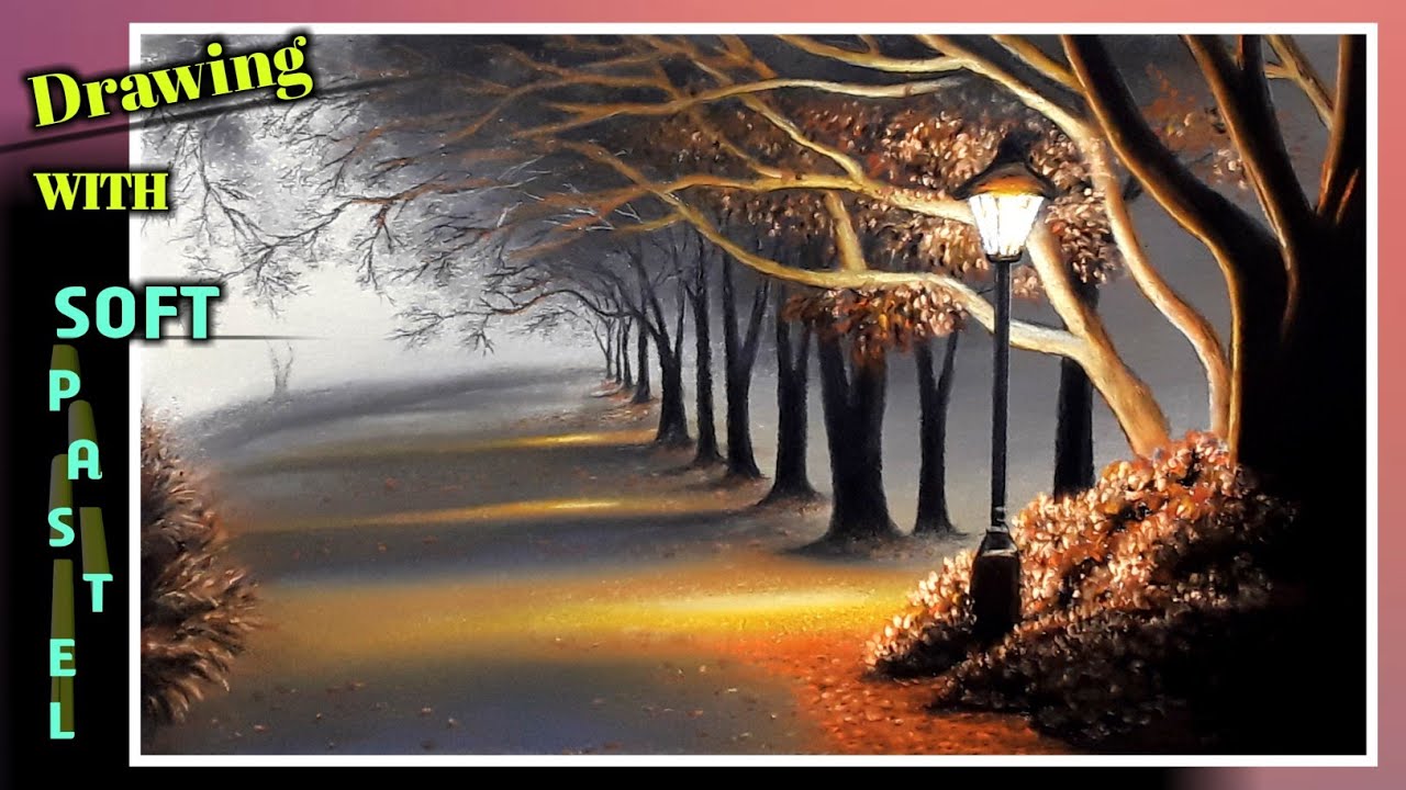 Drawing Of Dark Night Street Illuminated By Street Lamps | Street Light ...