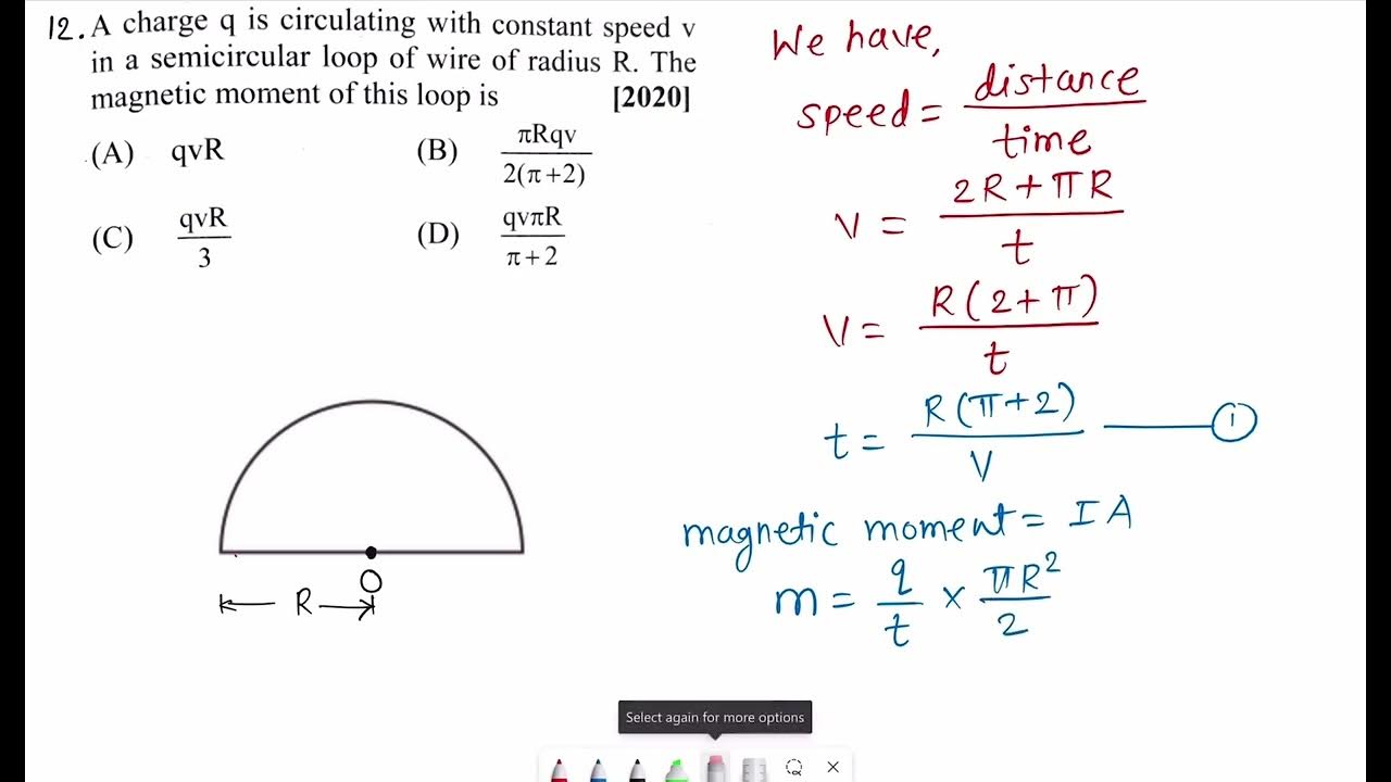 12. A charge q is circulating with constant speed v in a semicircular loop of wire of radius R ...