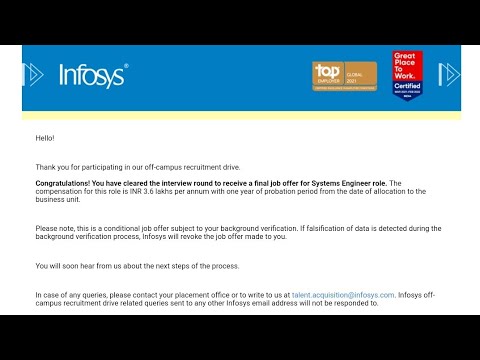 My Infosys System engineer Job Offer Email - this is Selection mail ...