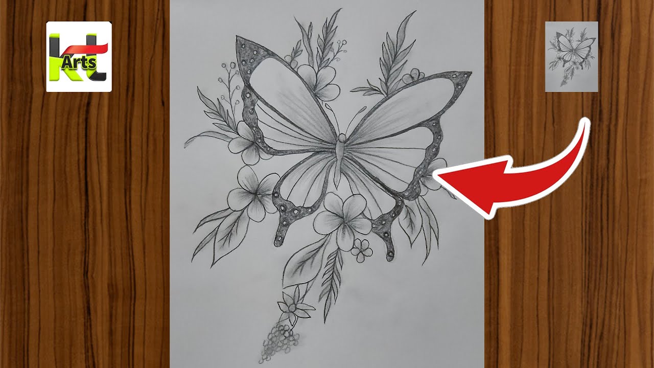 Pencil drawing of butterfly with beautiful flowers | How to draw ...