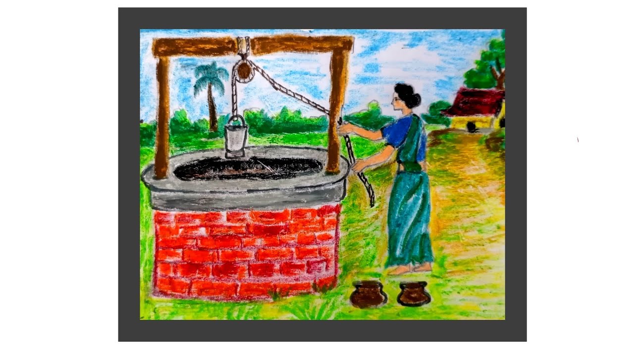 How to draw scenery of take water from the well||water well drawing ...