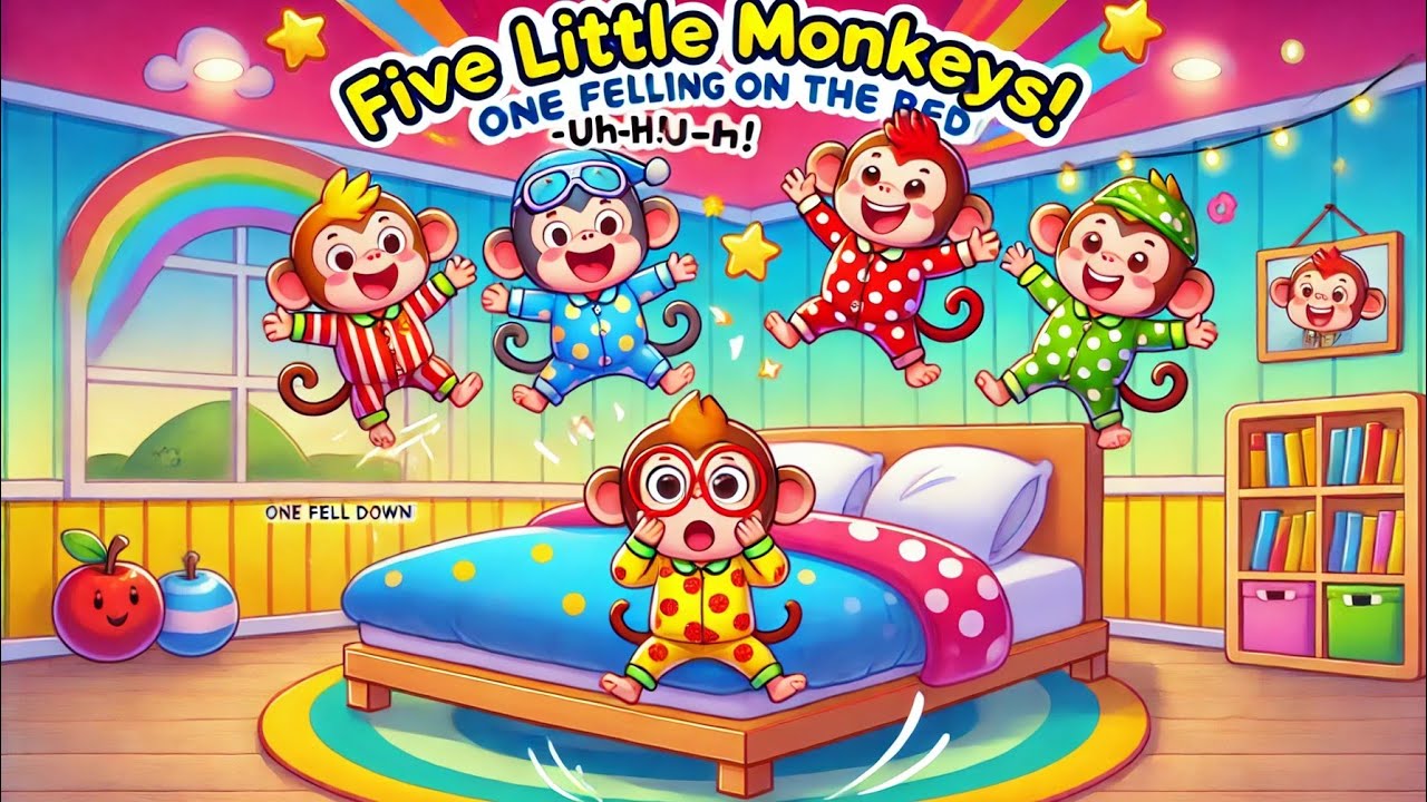 Five Funny Monkeys Jumping on the Bed | Fun 3D Cartoon Song for Kids ...