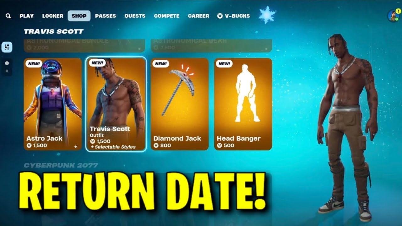 TRAVIS SCOTT SKIN RETURN DATE in FORTNITE ITEM SHOP! (Travis Scott Skin ...