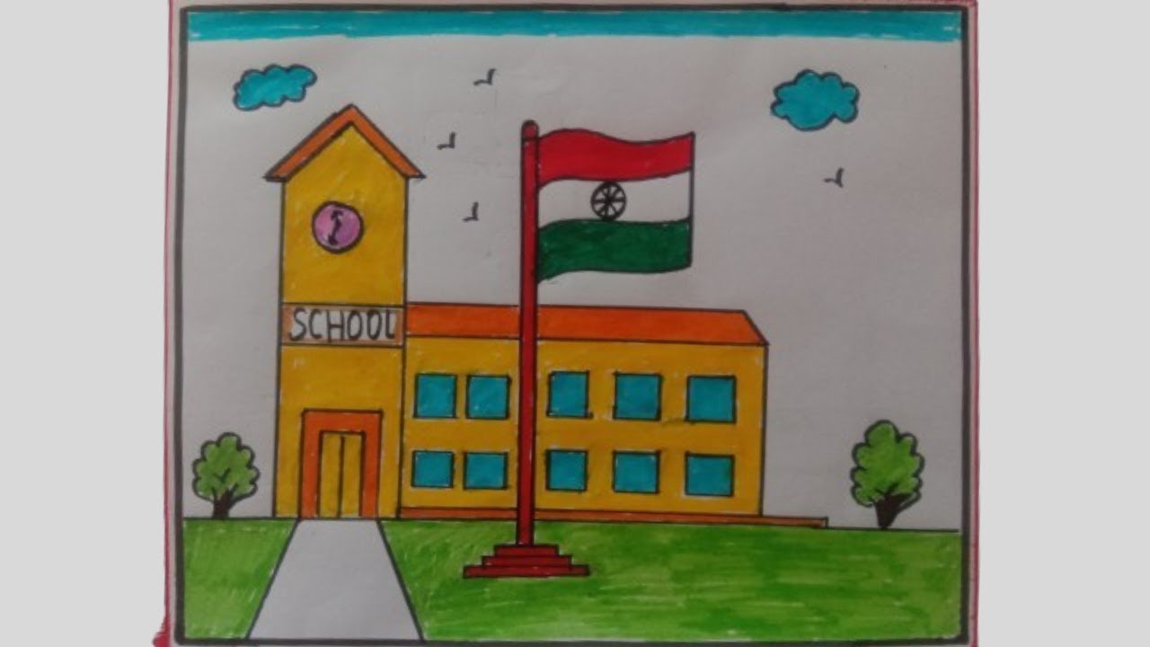 How To Draw A School Scenery 🌹| My School Drawing | School | Easy ...