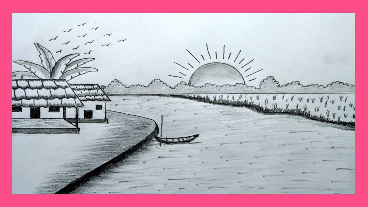 how to draw riverside village easy || pencil drawing landscape scenery ...