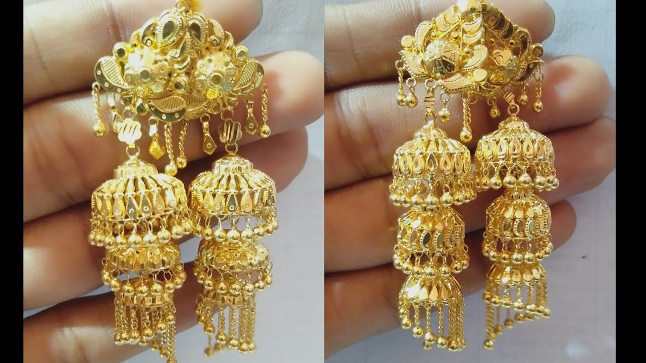 New Latest Gold Jhumka Design With Weight 🔥| 3 Layer Gold Jhumka ...