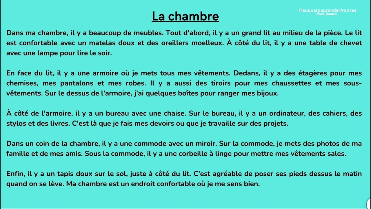 Texte pour apprendre le français : Ma chambre - le vocabulaire de la ...
