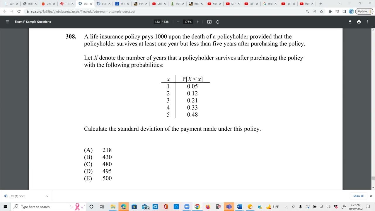 Actuarial SOA Exam P Sample Question 308 Solution - YouTube