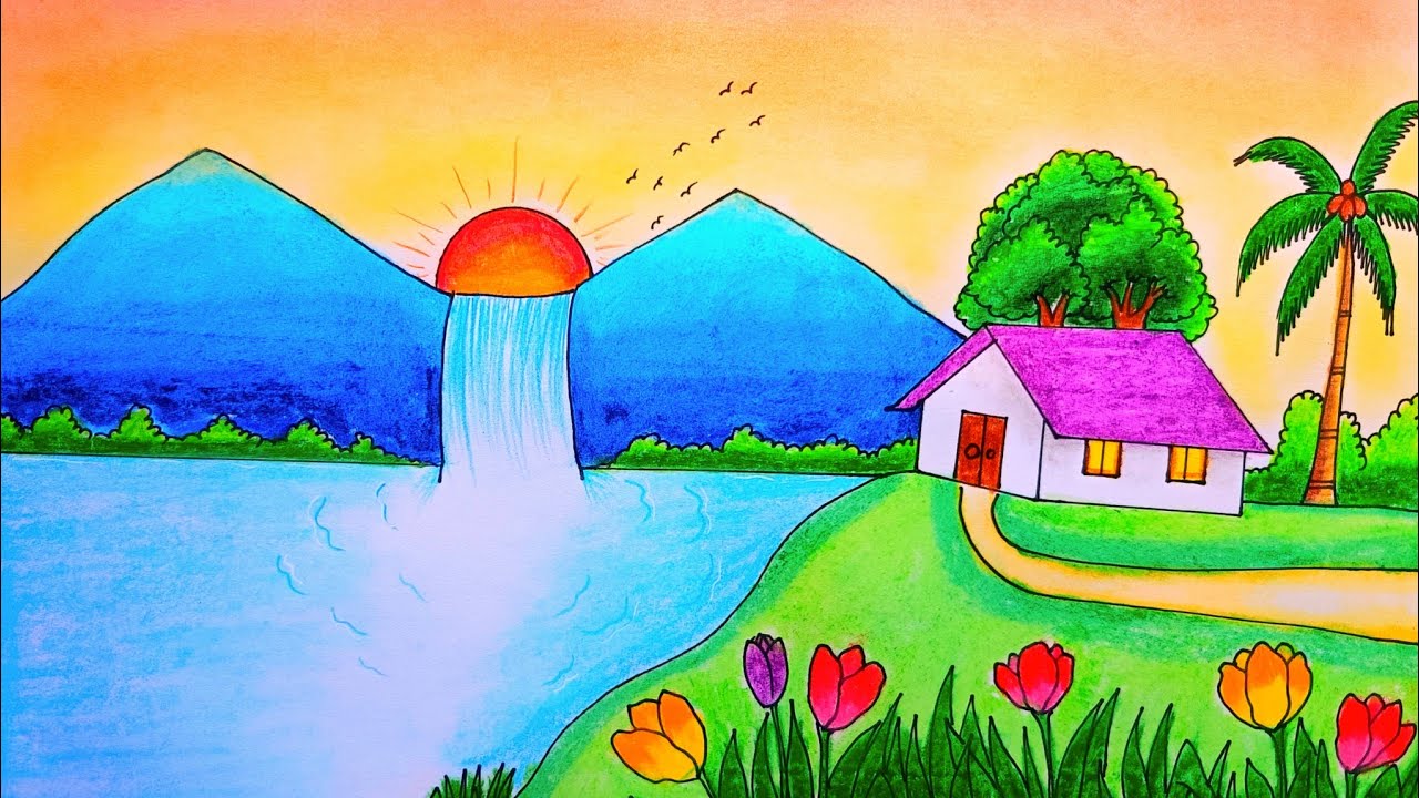 Summer season village scenery drawing | How to draw mountain waterfall ...