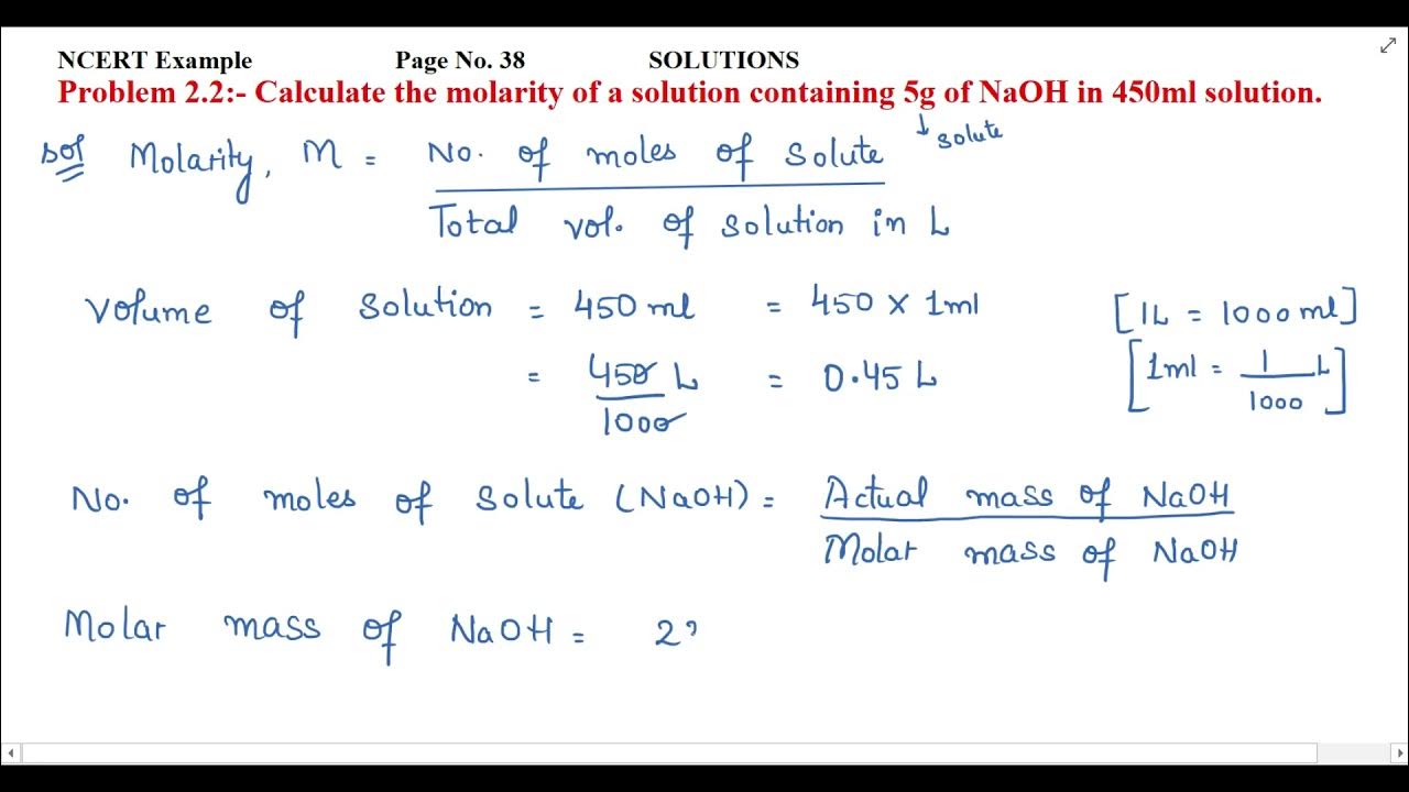 Calculate the molarity of a solution containing 5g of NaOH in 450ml solution. - YouTube
