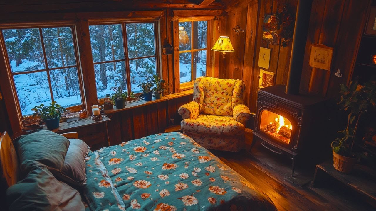 Warm Cabin Atmosphere, Relaxing Sleep with Burning Stove and Biting ...