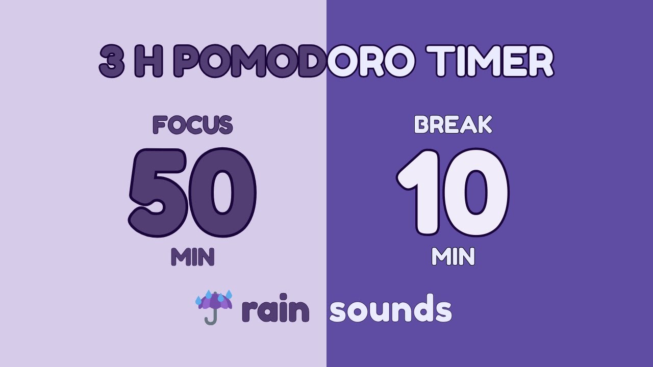 3 Hours Pomodoro Timer ~ 50/10 Focus | Rain Sounds | Purple Study Timer ...