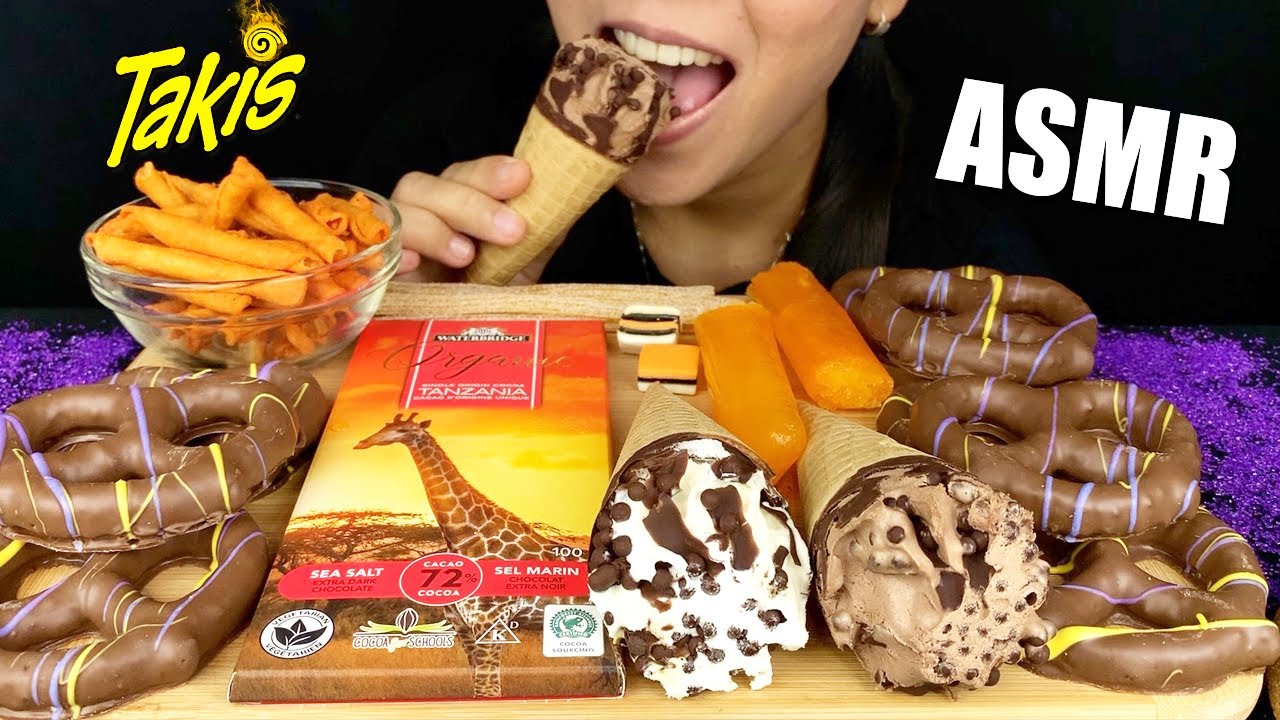 ASMR CHOCOLATE PRETZELS + CRUNCHY TAKIS + ICE CREAM चॉकलेट | LaniEats ...