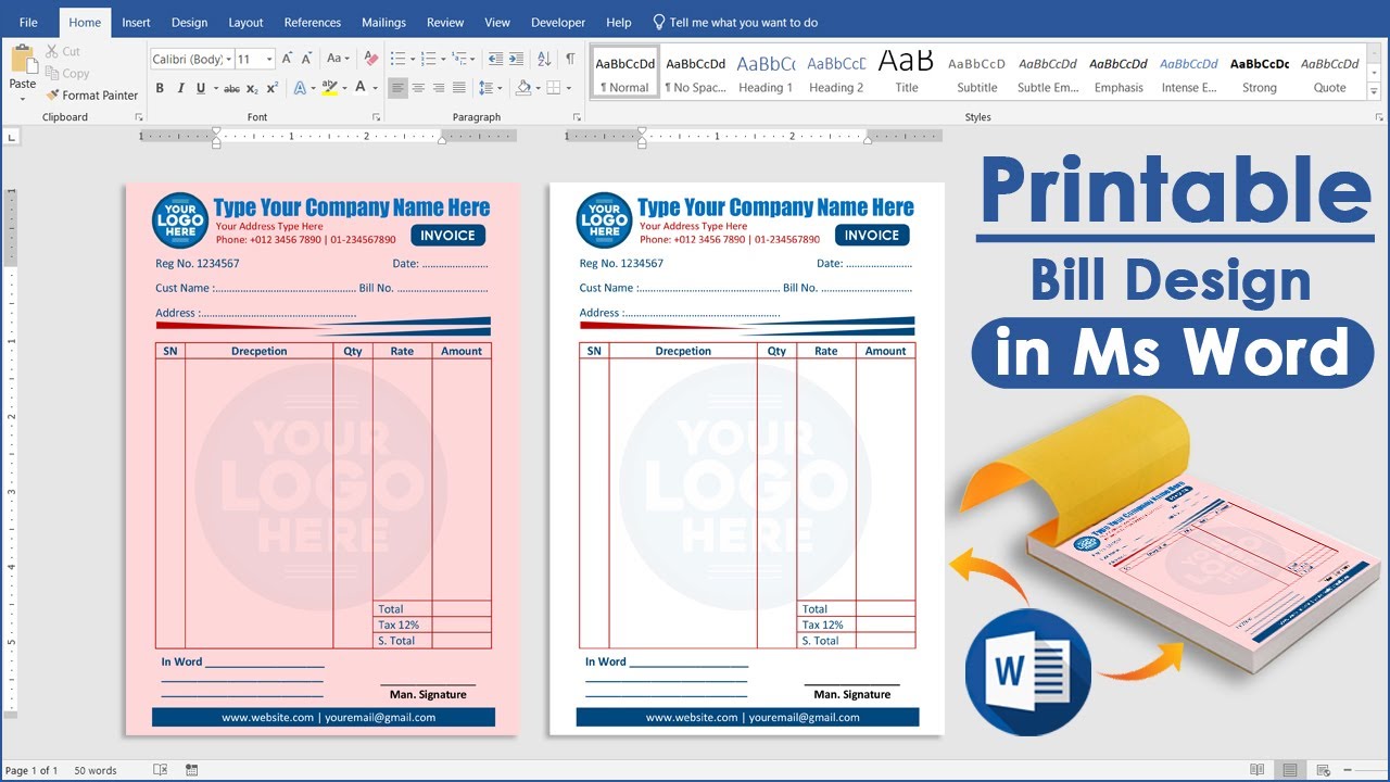 Ms Word Tutorial || How to Make Printable Bill Design || Invoice Design ...