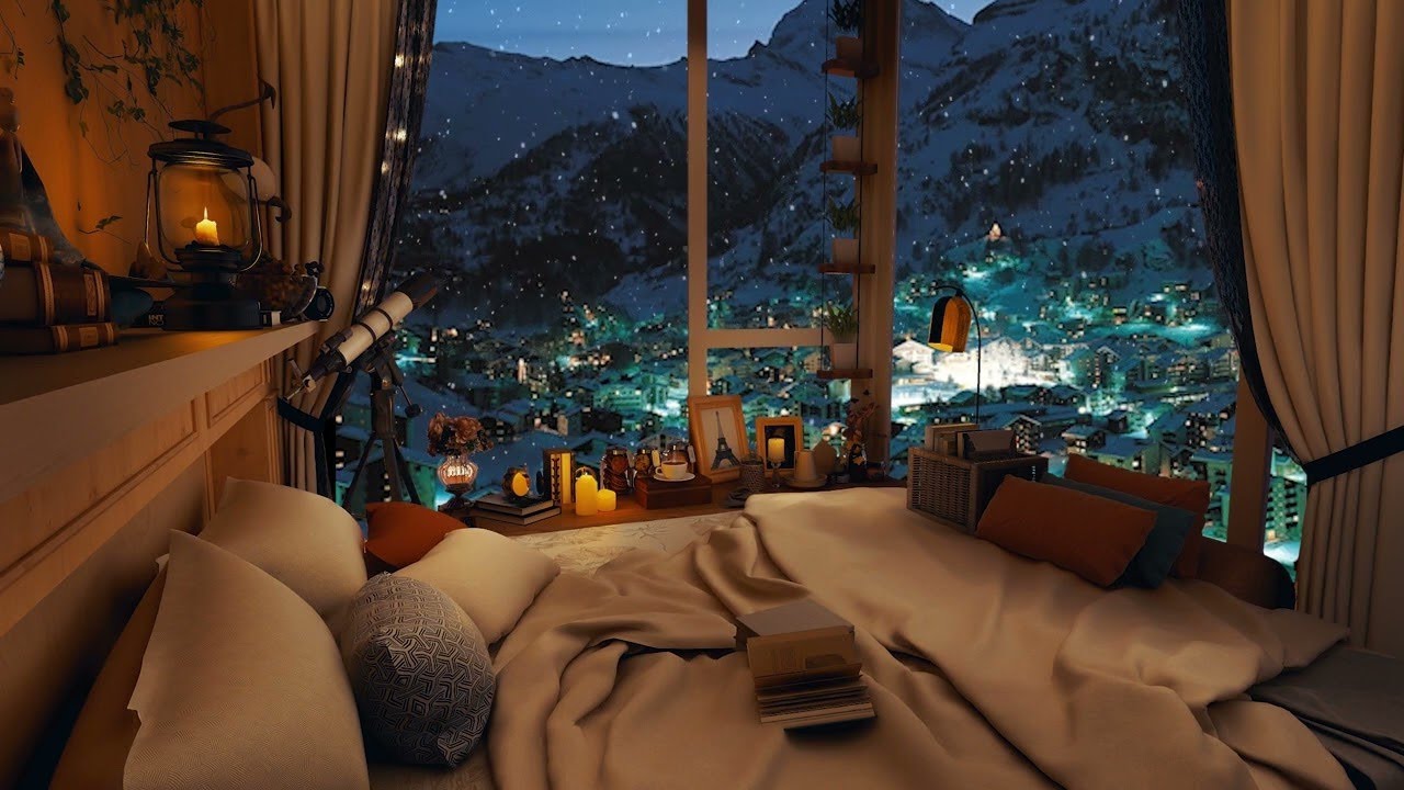 Winter Day in Bedroom with Snow Falling, Cozy Ambience and Relaxing ...