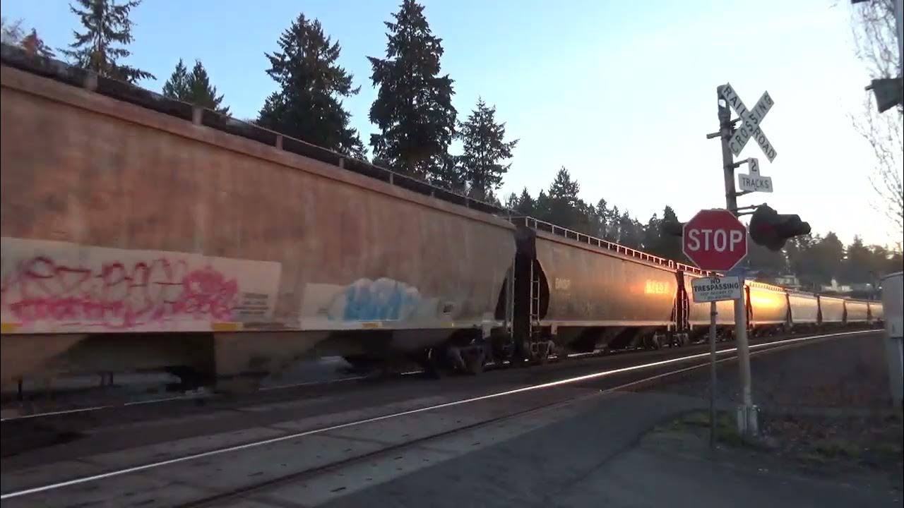 (Northbound) BNSF Loaded Grain Train passes through Sunnyside Beach Pedestrian Railroad Crossing ...