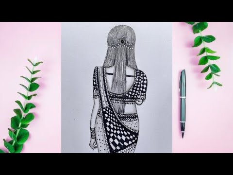 Traditional girl drawing || how to draw beautiful traditional girl back ...