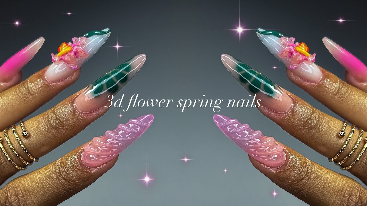 3D Flower Spring Nails!🌺🌱 | acrylic almond nails + intricate nail art ...