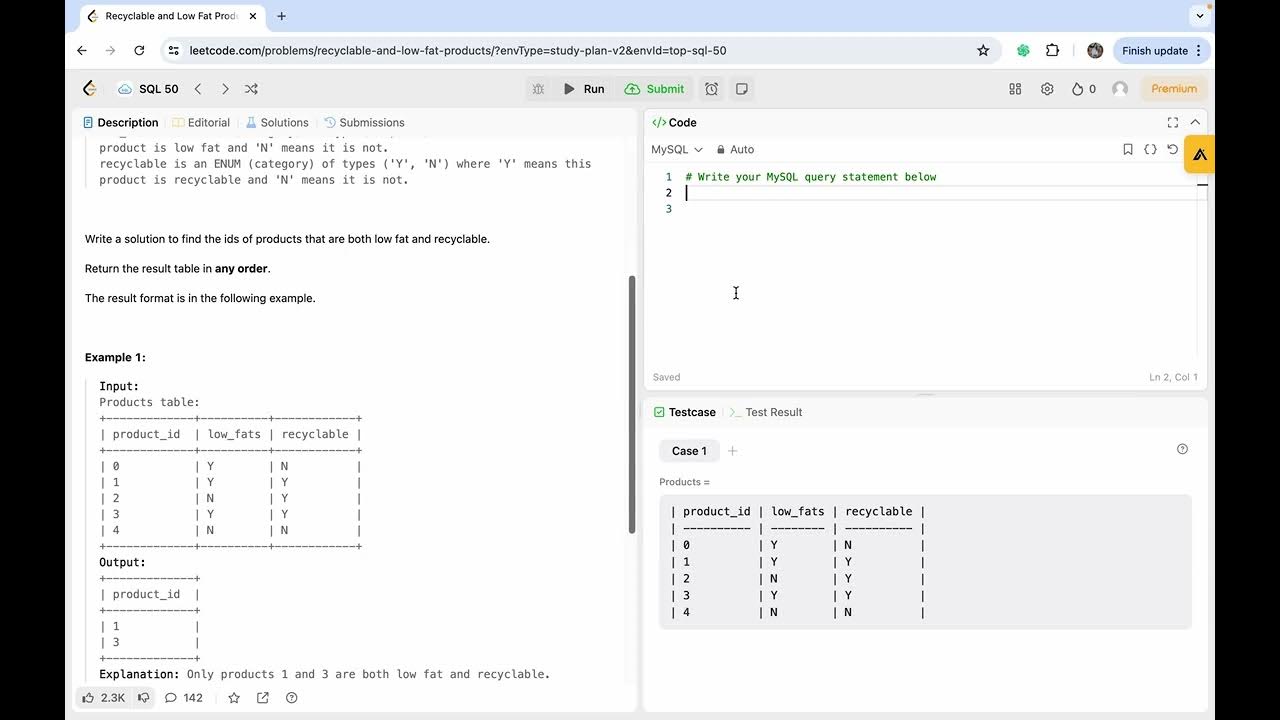 Leetcode SQL 50 1757 ' Recyclable and Low Fat Products' SQL Question with Explanation - YouTube