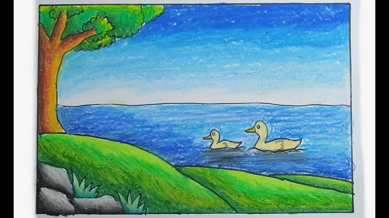 how to draw ducks swim in lake scenery | how to draw swimming ducks ...